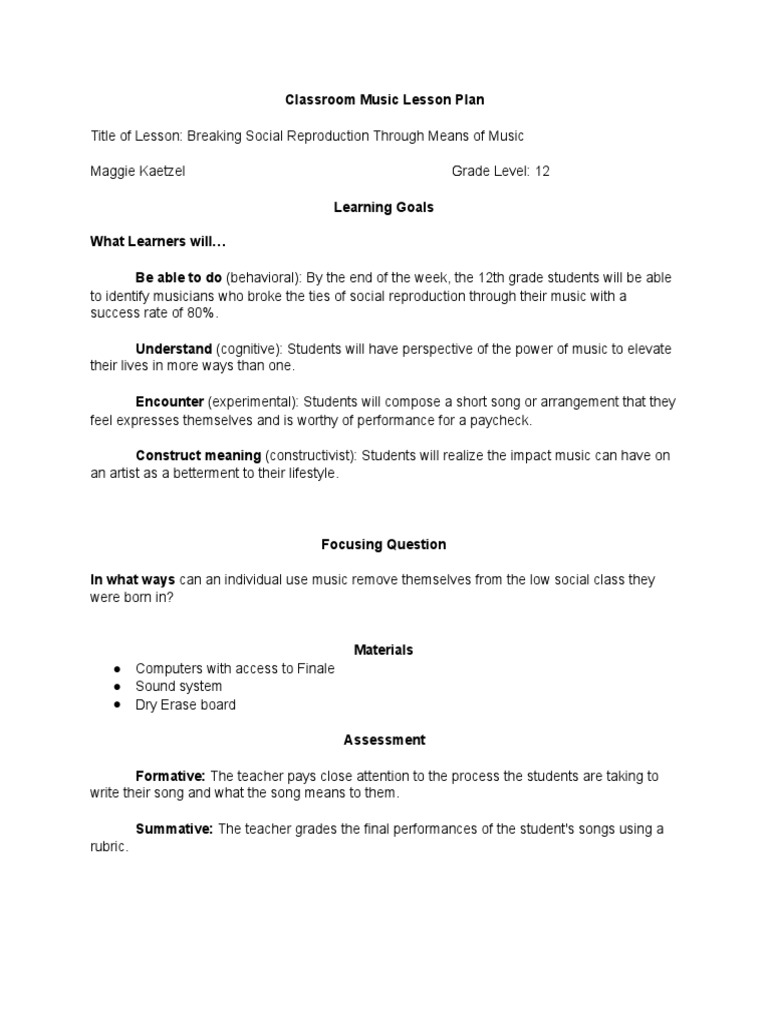 Music Lesson Plan: Social Mobility Through Music | PDF | Lesson Plan ...