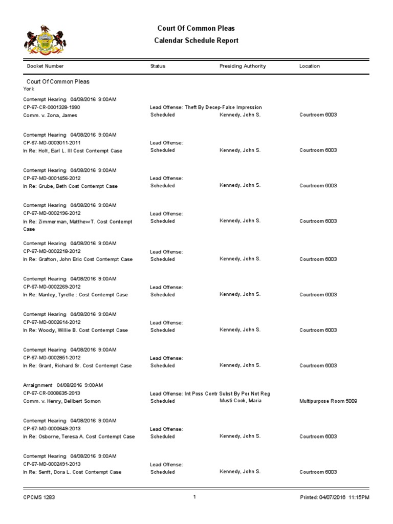 York County Court Schedule For April 8 | PDF