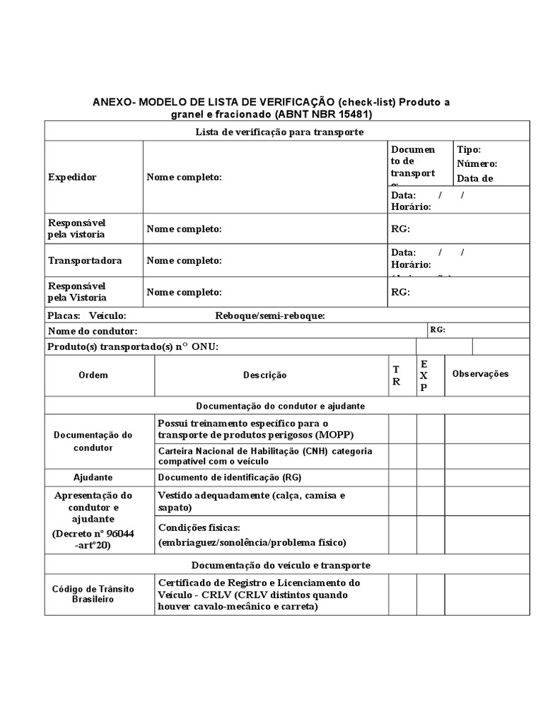 Anexo NBR 15481 Checklist | Download grátis PDF | Pneu | Carteira de ...