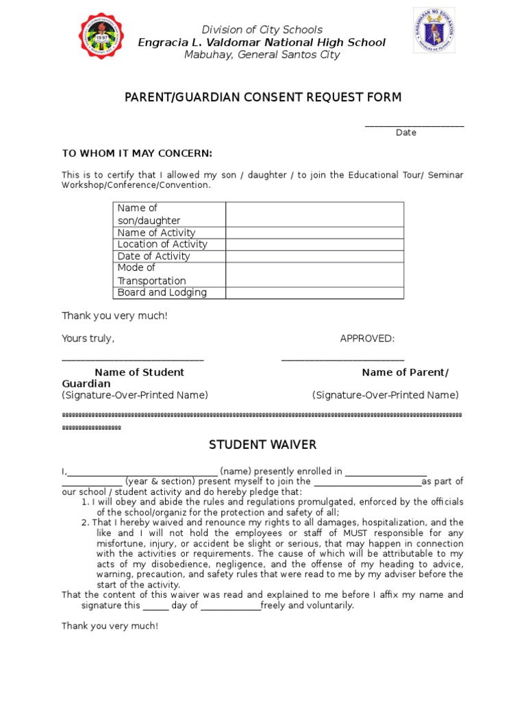 Parent/Guardian Consent Request Form: Engracia L. Valdomar National ...