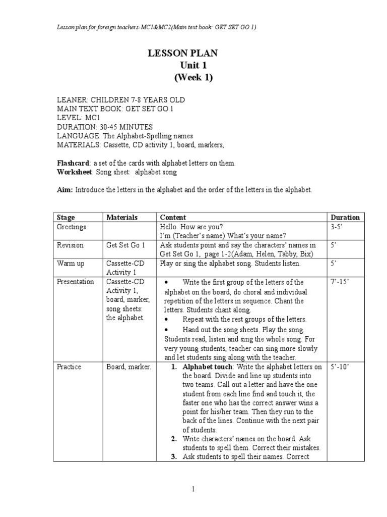 Lesson Plan Unit 1 (Week 1) : Lesson Plan For Foreign teachers-MC1&MC2 ...