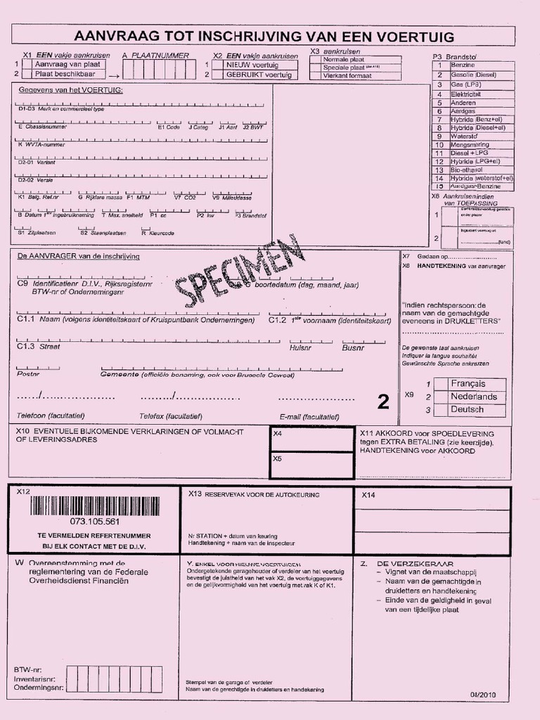 Aanvraag Tot Inschrijving Van Een Voertuig Roos Formulier | PDF