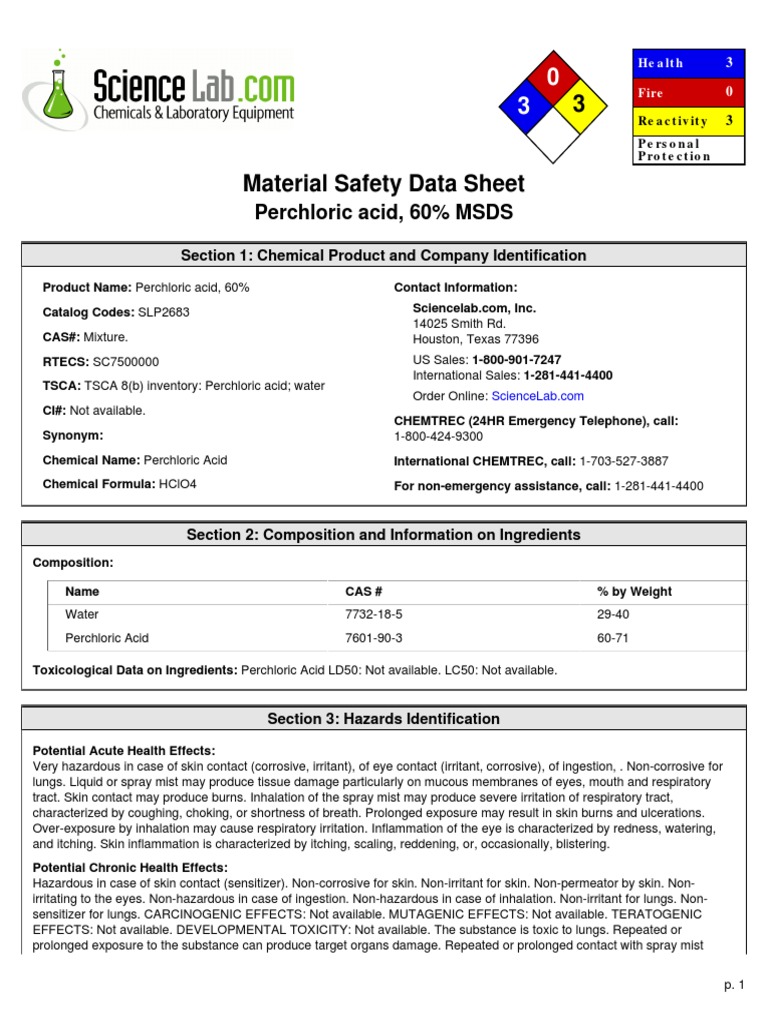 Msds HClO4 | PDF | Acetic Acid | Explosion