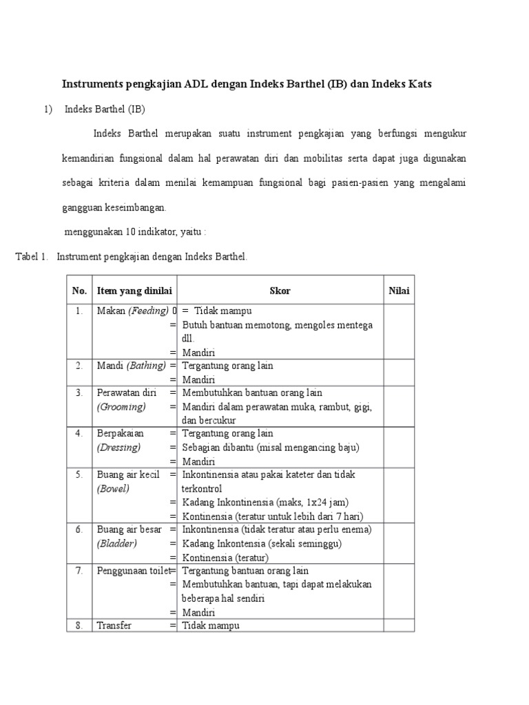 Instruments Pengkajian ADL Dengan Indeks Barthel | PDF | Kesehatan Holistik