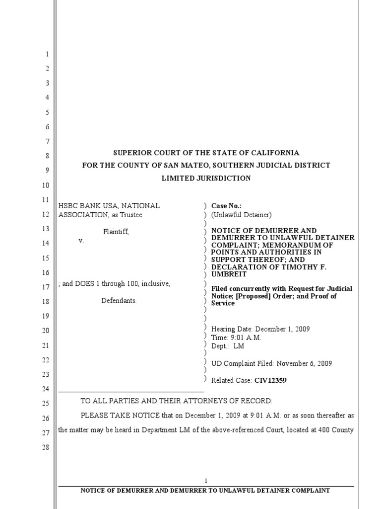 UD - Notice of Demurrer and Demurrer Redact | Demurrer | Pleading