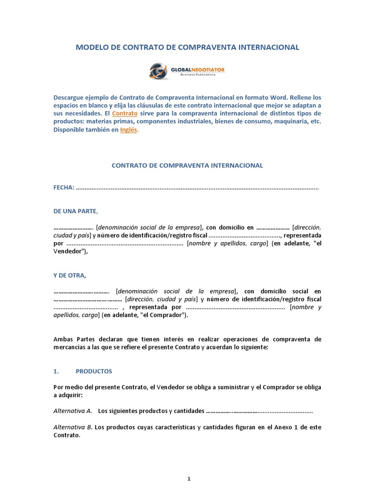 Modelo Contrato Compraventa Internacional Ejemplo | Precios | Business