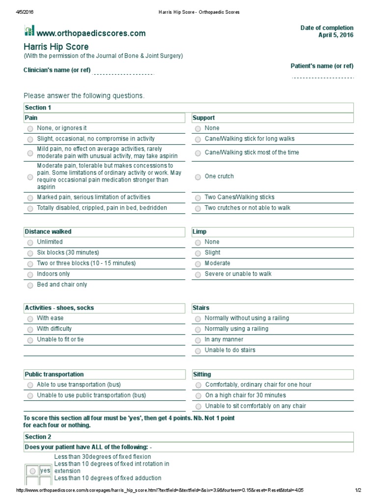 Harris Hip ScorHarrise - Orthopaedic Scores | PDF | Anatomical Terms Of ...