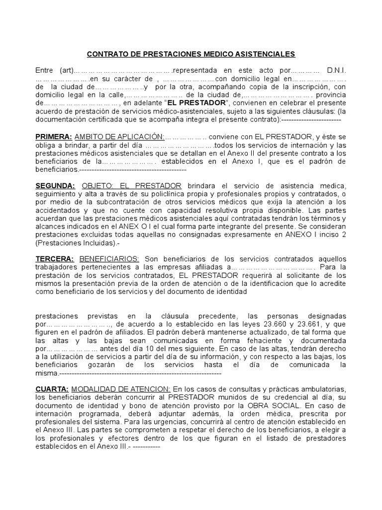 Contrato de Prestaciones Medico Asistenciales Modelo | PDF | Póliza de seguros | Pagos