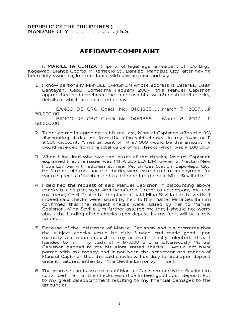 Sample Aff Estafa | PDF | Affidavit | Cheque