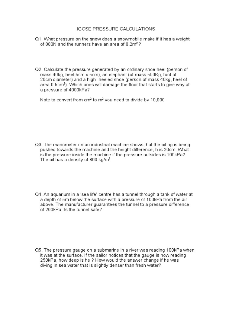 IGCSE Pressure Calculations Guide | PDF