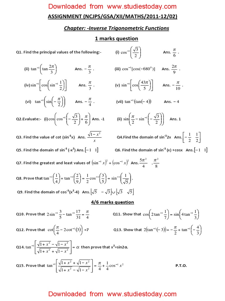 CBSE Class XII Mathematics - Inverse Trigonometric Functions | PDF ...
