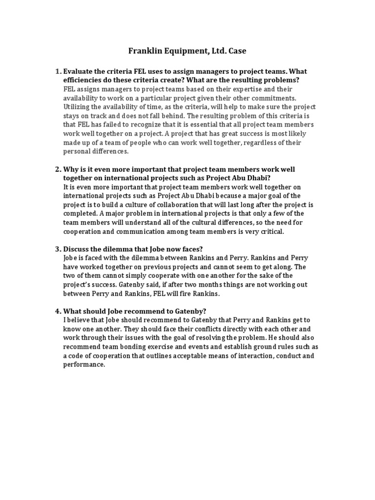 Franklin Equipment Case Study Question Solution | PDF | Cognition ...