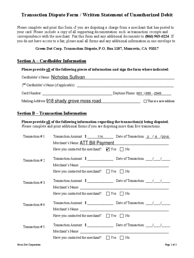 Dispute Transaction Notification Form | PDF | Credit Card | Debit Card