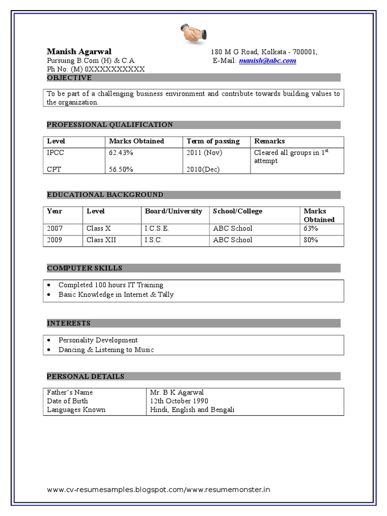 Articleship Resume Samples For CA (Chartered Accountants) | PDF