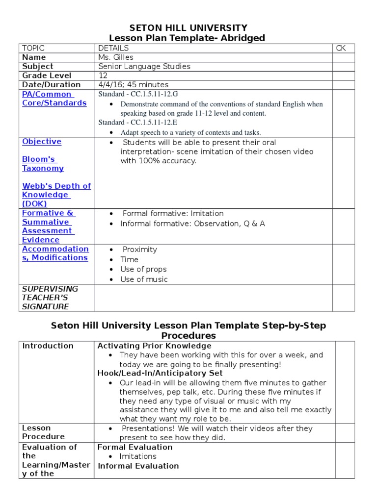 Lesson Plan Template Abridged Seniors 4 4 | PDF | Language Arts ...