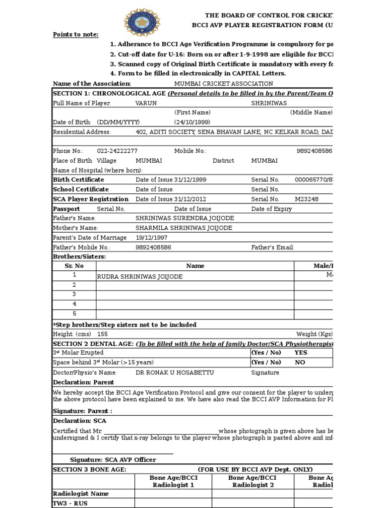 BCCI U16 Player Registration Form 2014-15 | PDF | Computing And ...