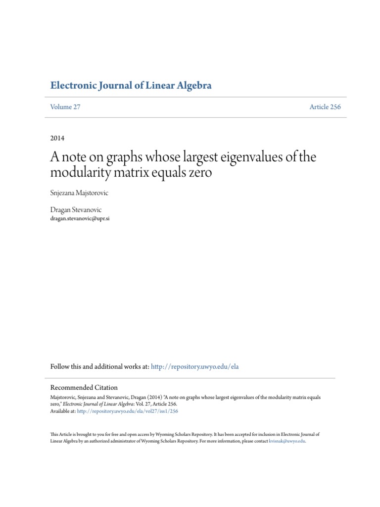Largest Eigenvalue of Modularity Matrix Determines Graph Structure | PDF | Eigenvalues And ...