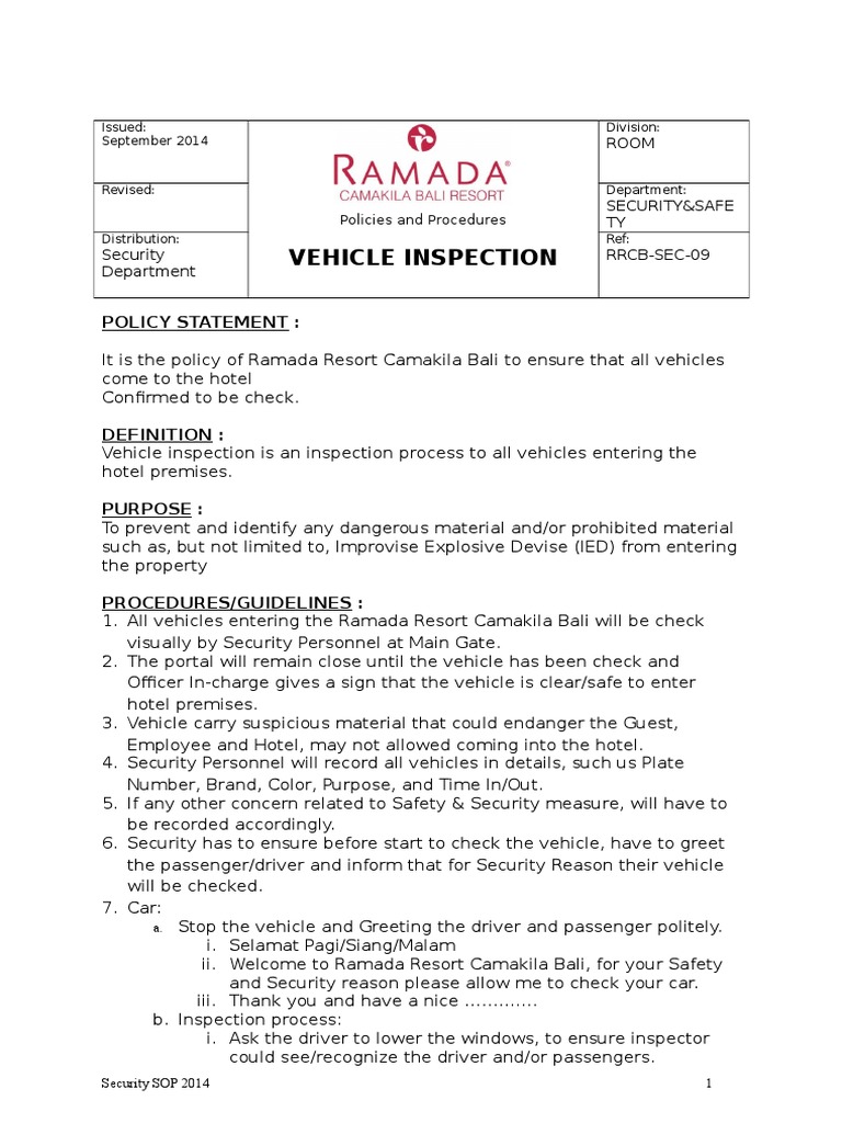 Vehicle Inspection - Sop.9 | PDF | Safety