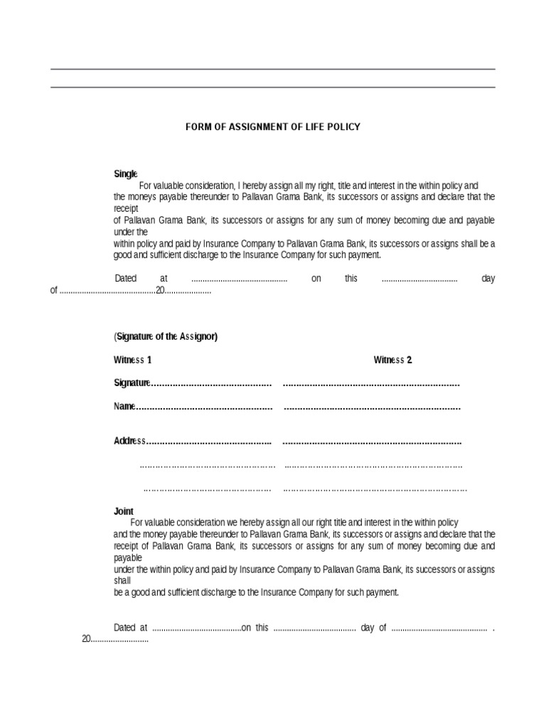 Life Policy Assignment Form | PDF
