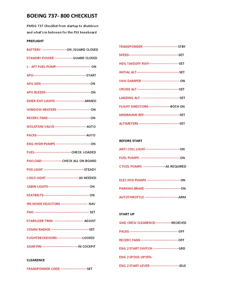 PMDG 737-800 Checklist Opstarten | PDF | Aviation | Aircraft
