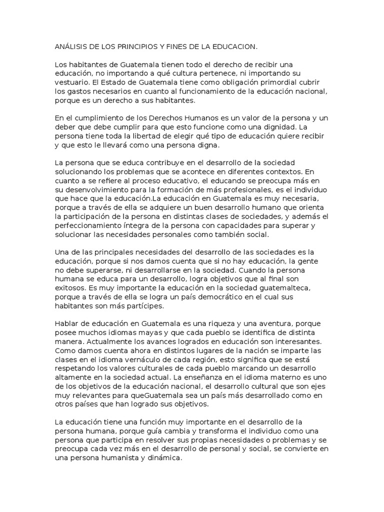 Análisis De Los Principios Y Fines De La Educacion Pdf Guatemala