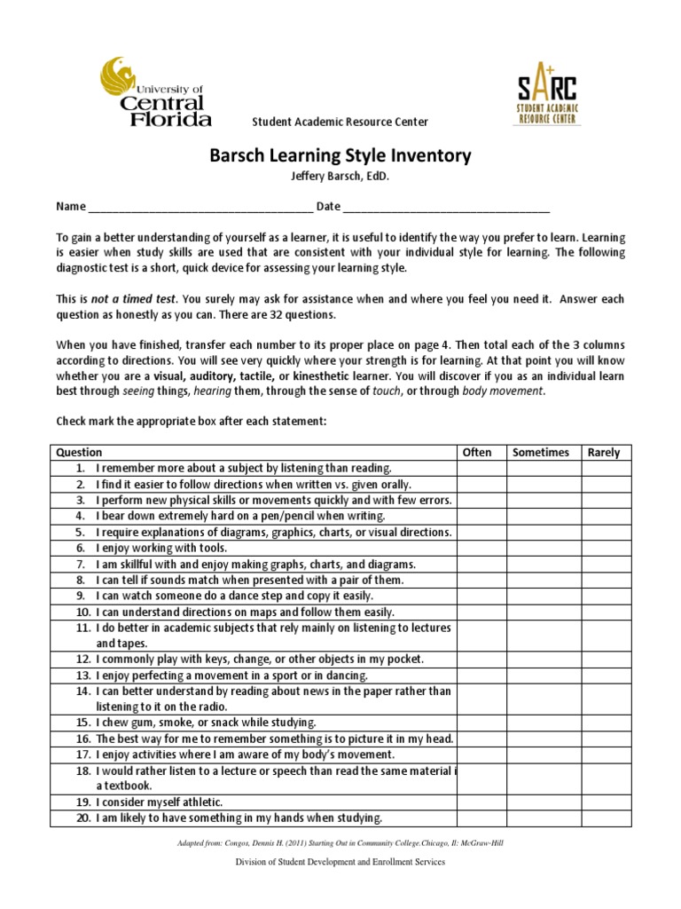 Barsch Learning Styles Inventory1 | PDF | Learning Styles | Study Skills