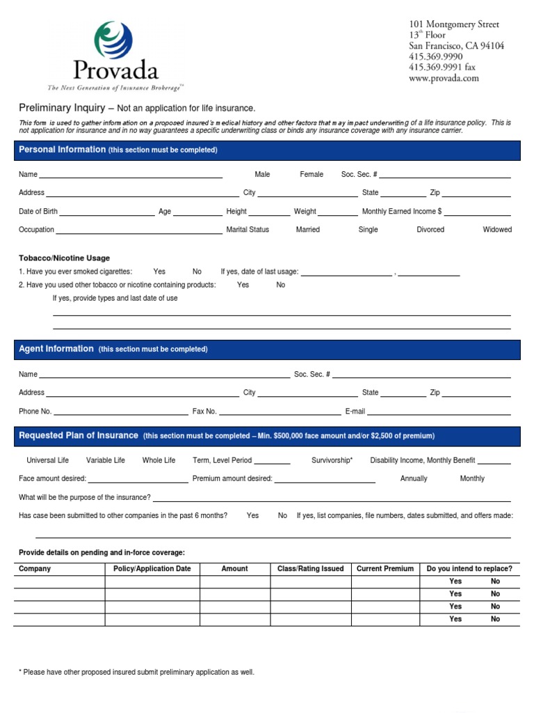 Preliminary Underwriting Application | PDF | Insurance | Underwriting