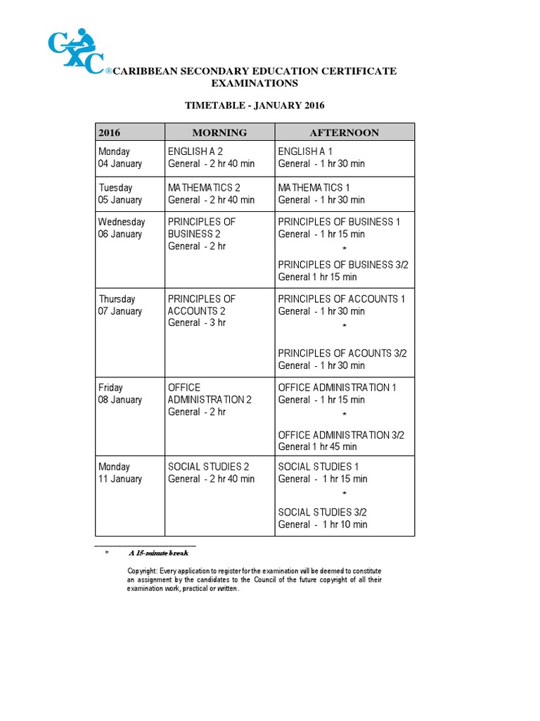Timetable - CSEC Jan 2016 FinalA4Feb6 | PDF | Test (Assessment ...