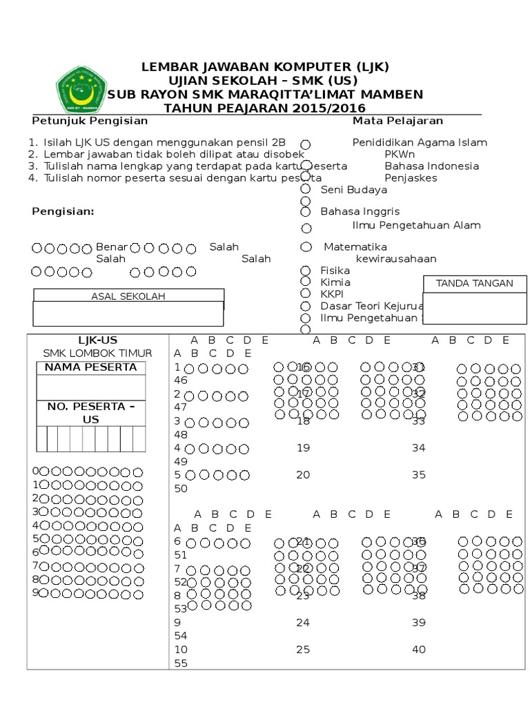 Panduan LJK Ujian Sekolah SMK 2015/2016 | PDF | Seni & Disiplin Bahasa
