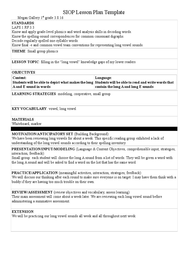 SIOP Lesson Plan for Long Vowel Sounds | PDF | Career & Growth ...