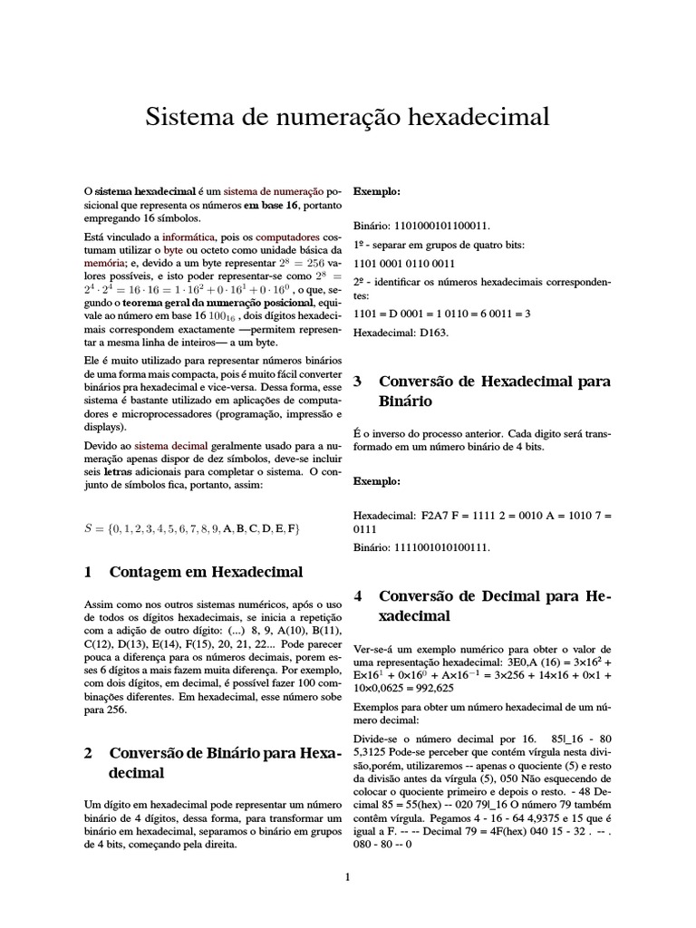 Sistema de Numeração Hexadecimal | PDF | Notação | Áreas de Ciência da ...
