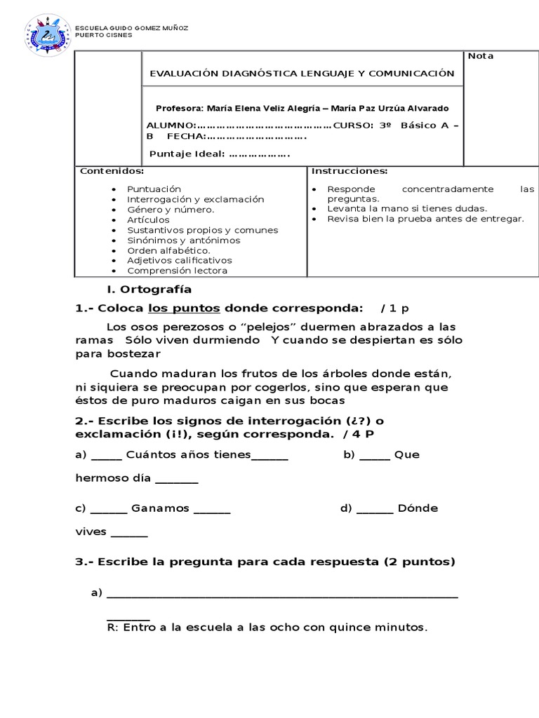 Evaluación Diagnóstica Lenguaje 3º Básico | PDF | León | Sustantivo