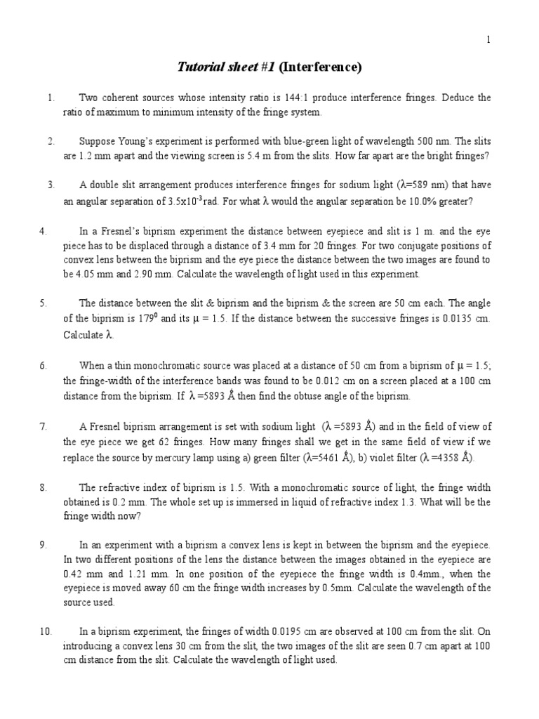 Tutorial Sheet 1 (Interference) | PDF | Lens (Optics) | Interference ...