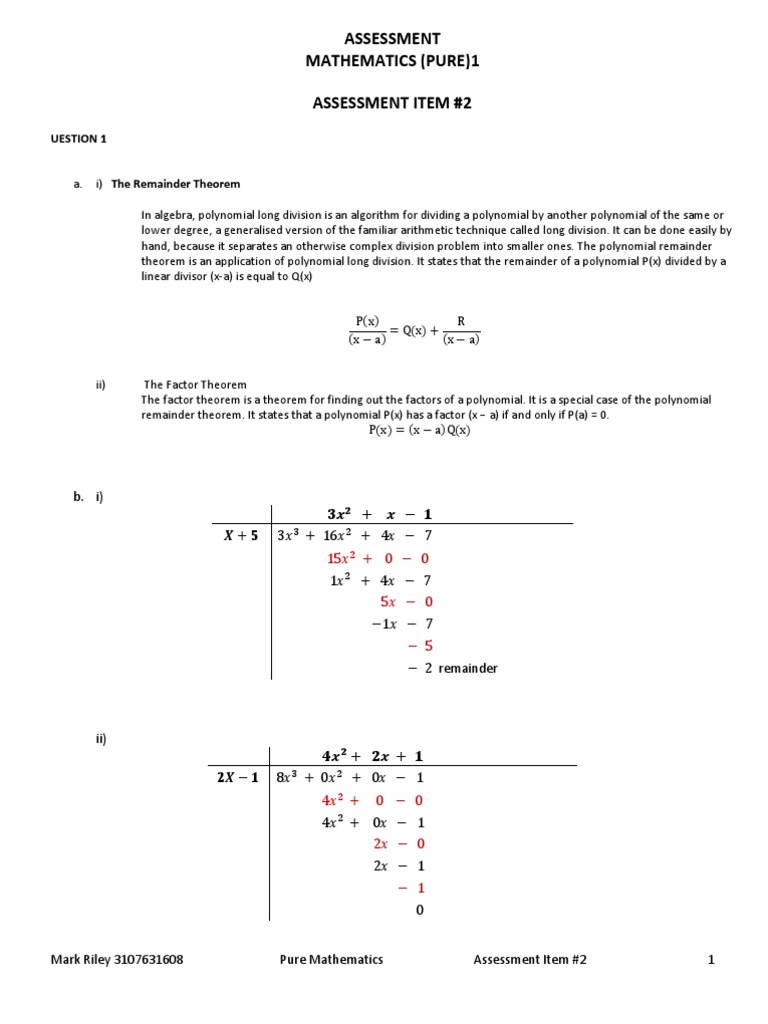 Pure Mathematics Assessment Insights | PDF | Polynomial | Division ...