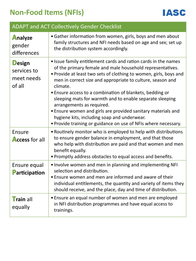 IASC Gender NFIs-Checklist | PDF | Gender | Gender Studies