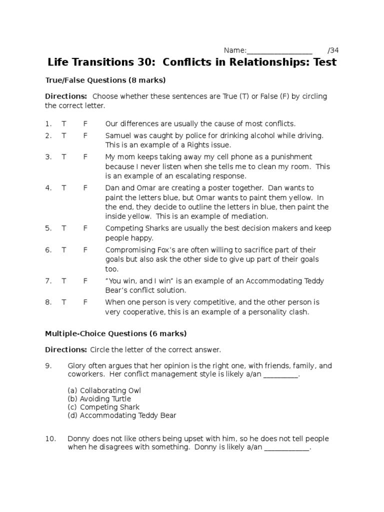 Conflict Management Test Questions | PDF | Negotiation | Psychological ...
