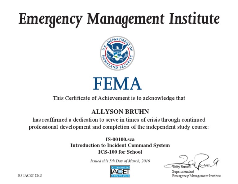 Fema Certificate | PDF | Emergency Management Institute | Emergency ...