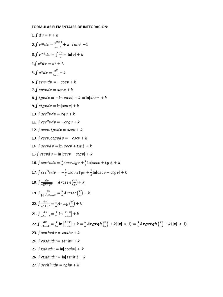 Formulas Elementales de Integración PDF | PDF | Métodos y materiales de ...