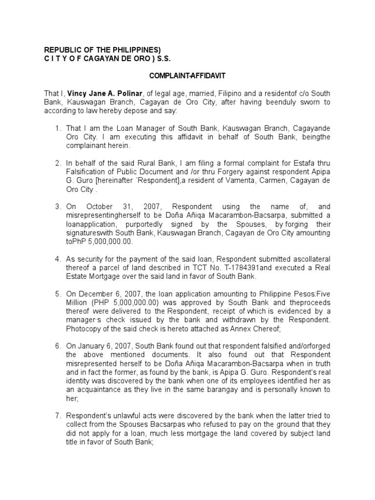 Estafa Thru Falsication of Public Document Affidavit | PDF | Affidavit | Common Law
