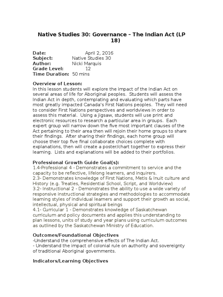 Impact of the Indian Act on First Nations | PDF | First Nations ...