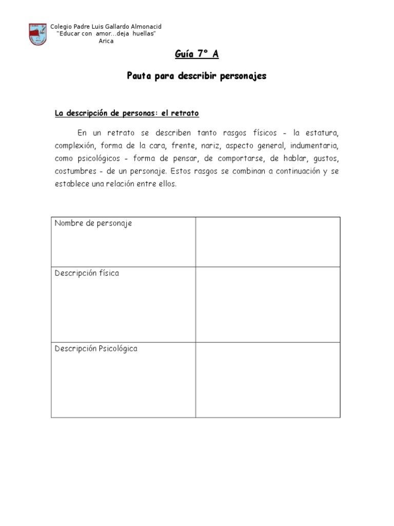 Guía 7° Pauta para Describir Personajes | PDF
