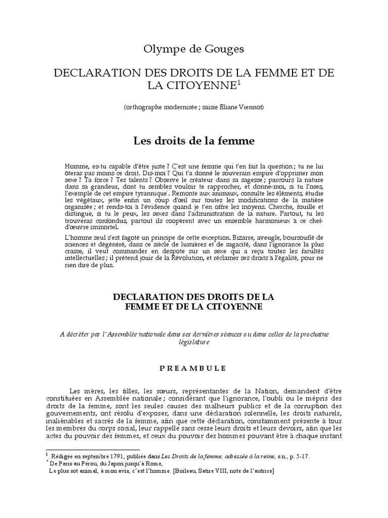 Olympe de Gouges - Déclaration Des Droits de La Femme Et de La ...