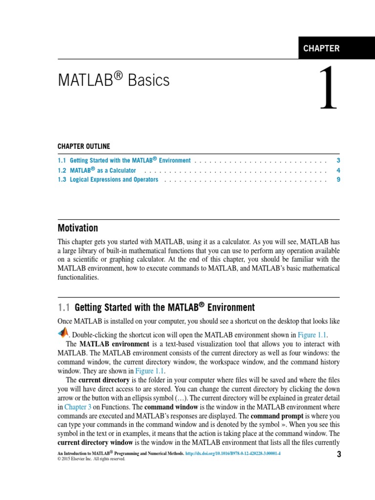 Chapter 1 MATLAB Basics 2015 An Introduction To MATLAB Programming and ...