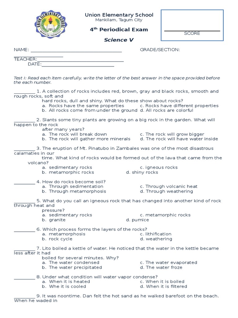 Science V Periodical Exam for Union Elementary | PDF