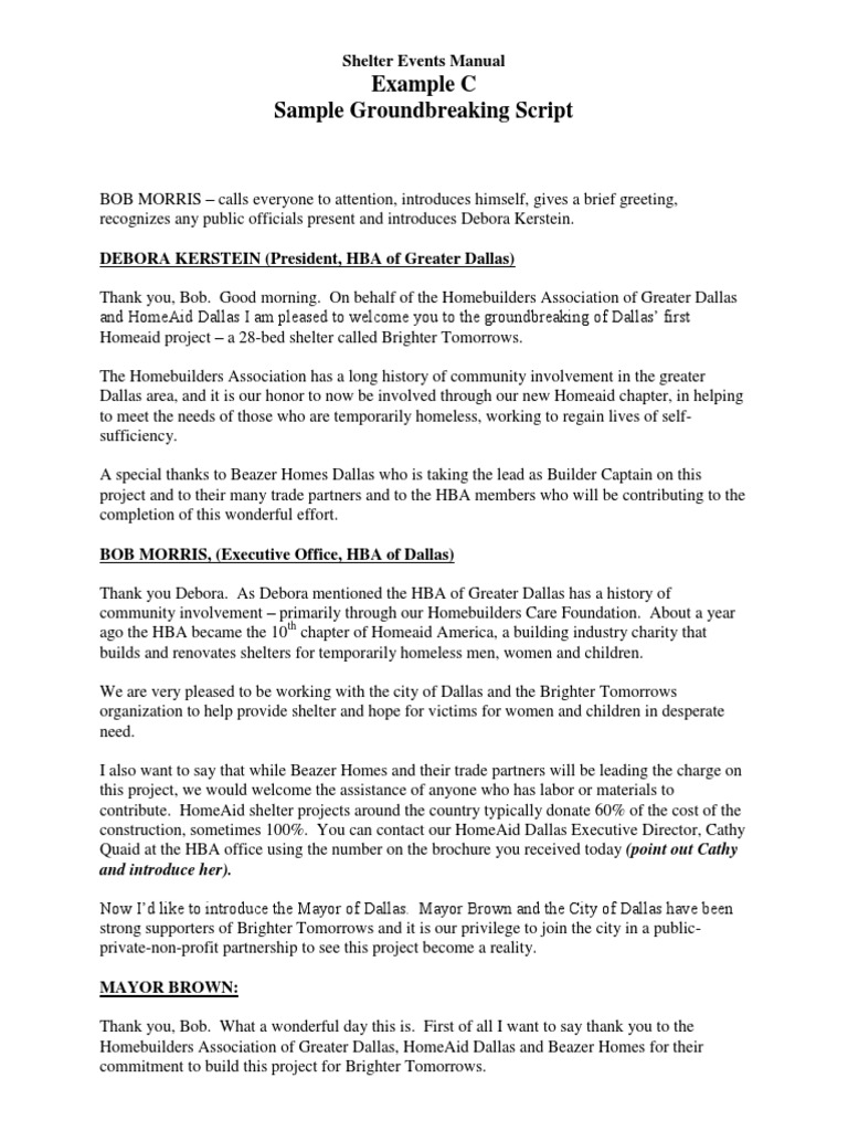 Sample Script For Groundbreaking | PDF | Homelessness
