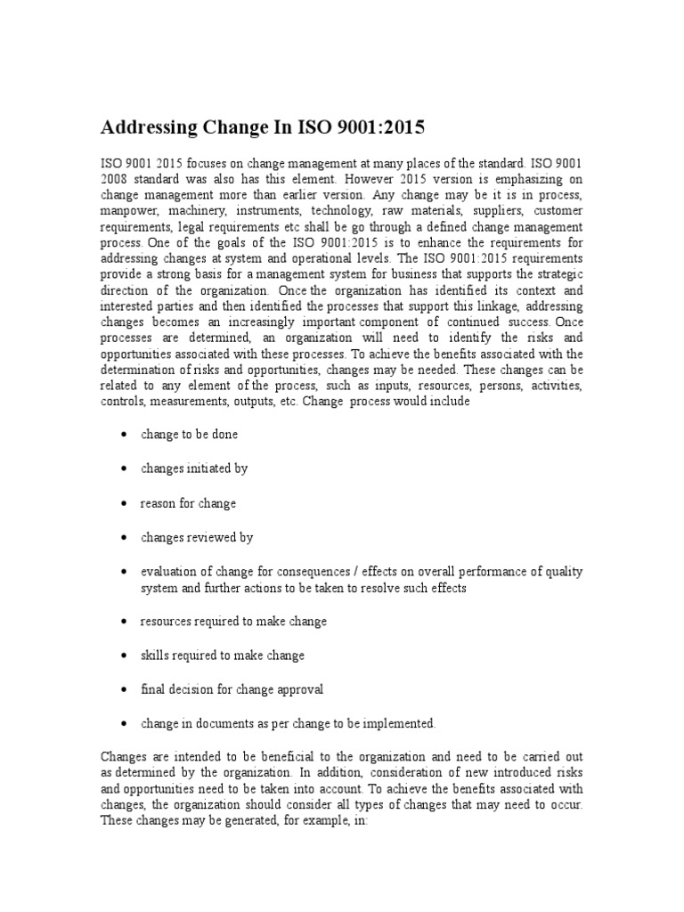Change Management in ISO 9001:2015 | PDF | Change Management | Quality ...