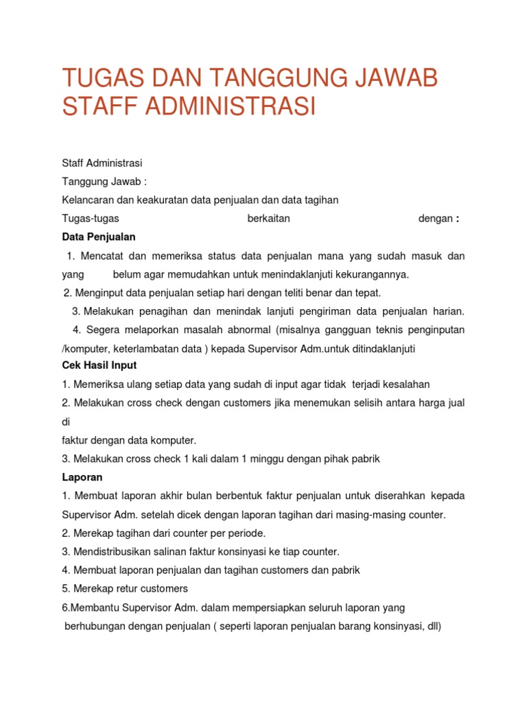 Tugas Dan Tanggung Jawab Staff Administrasi | PDF