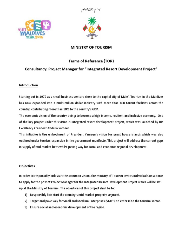 Terms of Reference for Project Manager | Tourism | Project Management
