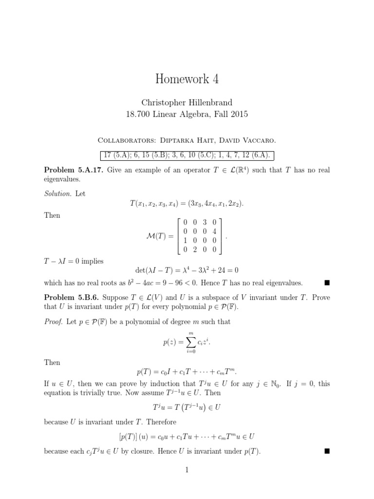Linear Algebra Problem Set 4 | PDF | Eigenvalues And Eigenvectors | Functional Analysis