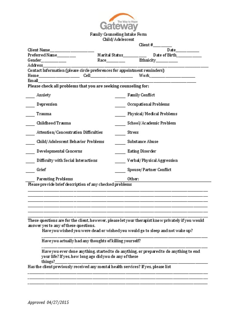 FC Child-Adolescent Intake Forms Fisa Adolescent | PDF | Psychological ...